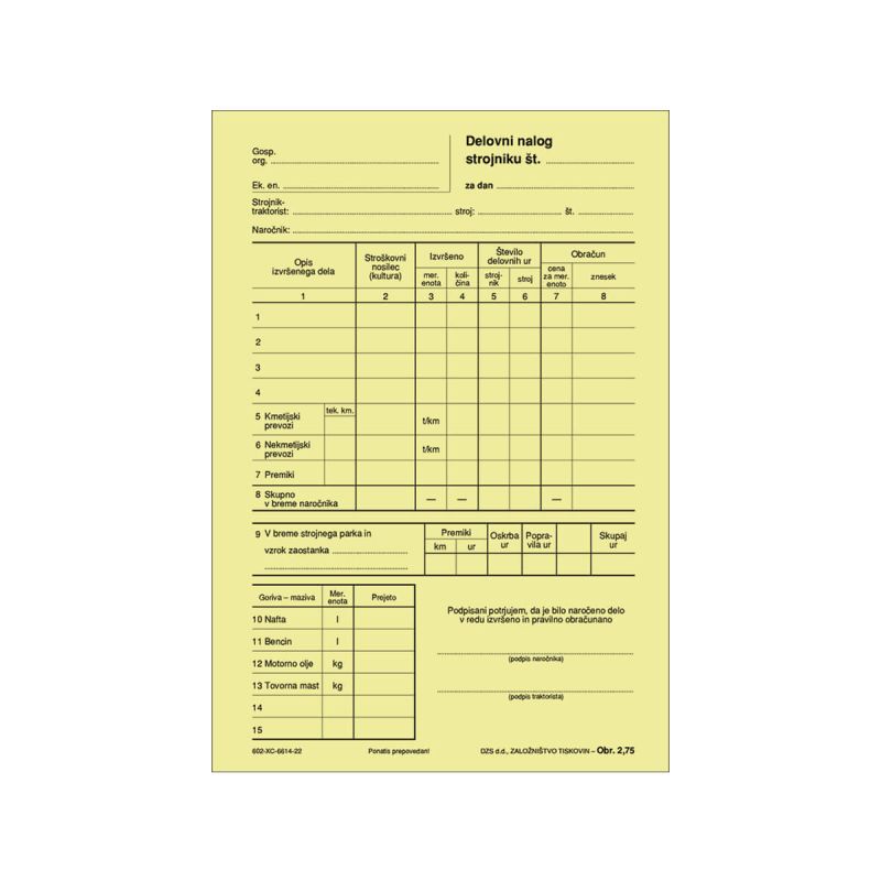 OBR. 2.75 DELOVNI NALOG STROJNIKU - NOVOLUX