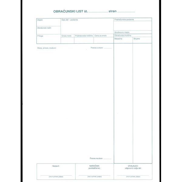 OBR. 3,82A KNJIGA OBRAČUNSKIH IZMER, OBRAČUNSKI LIST - NOVOLUX