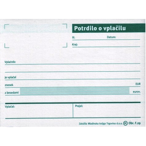 OBR. F.29 POTRDILO O VPLAČILU A6 - NOVOLUX